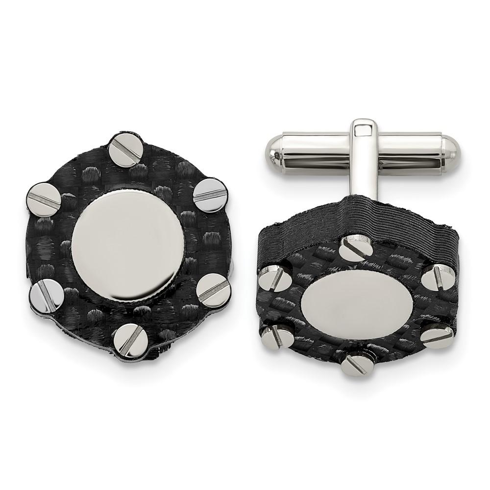 Stainless Steel Brushed and Polished Solid Carbon Fiber Cufflinks - SRC305